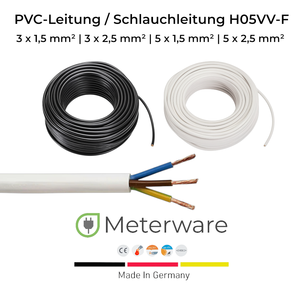 PVC-Leitung / Schlauchleitung H05VV-F | 3x1,5mm² bis 5x2,5mm² | 1 Mete ...
